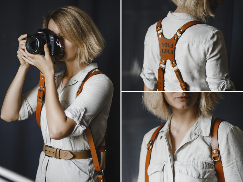 Narrow personalized Dual Camera harness - DesiredLeather