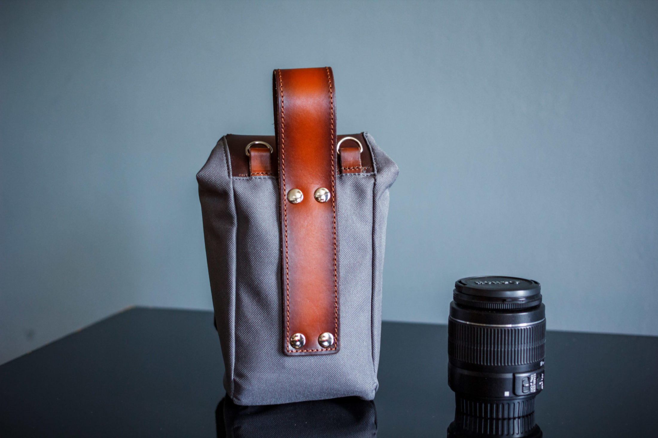 Lens Pouch with gray canvas - DesiredLeather