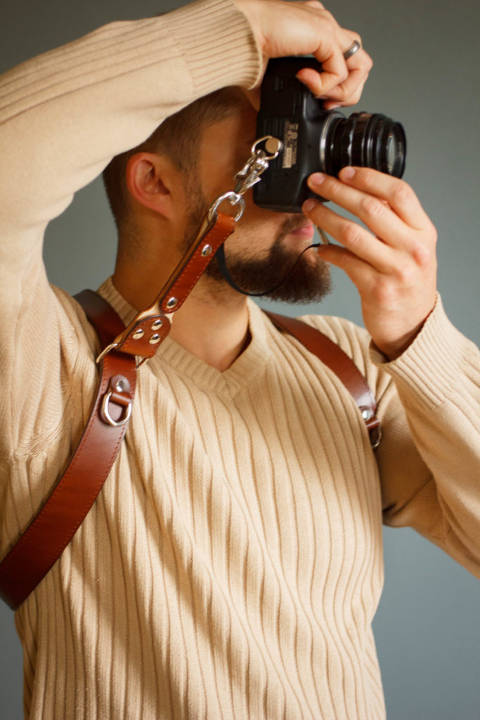 Wide leather Cameras Harness with stitching - DesiredLeather